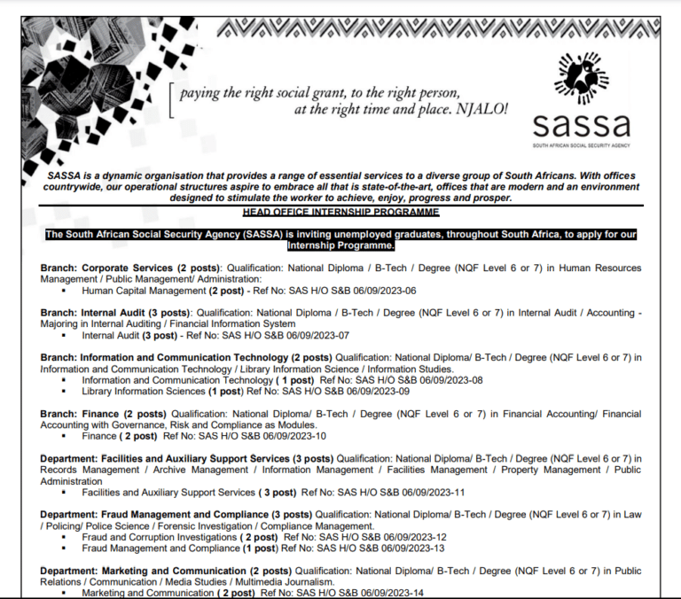 SASSA HEAD OFFICE INTERNSHIP PROGRAMME
